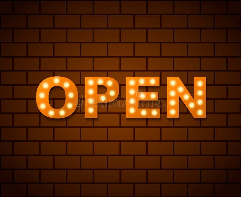Open Sign Board with Light Bulbs on a Brick Wall. Vector Stock ...