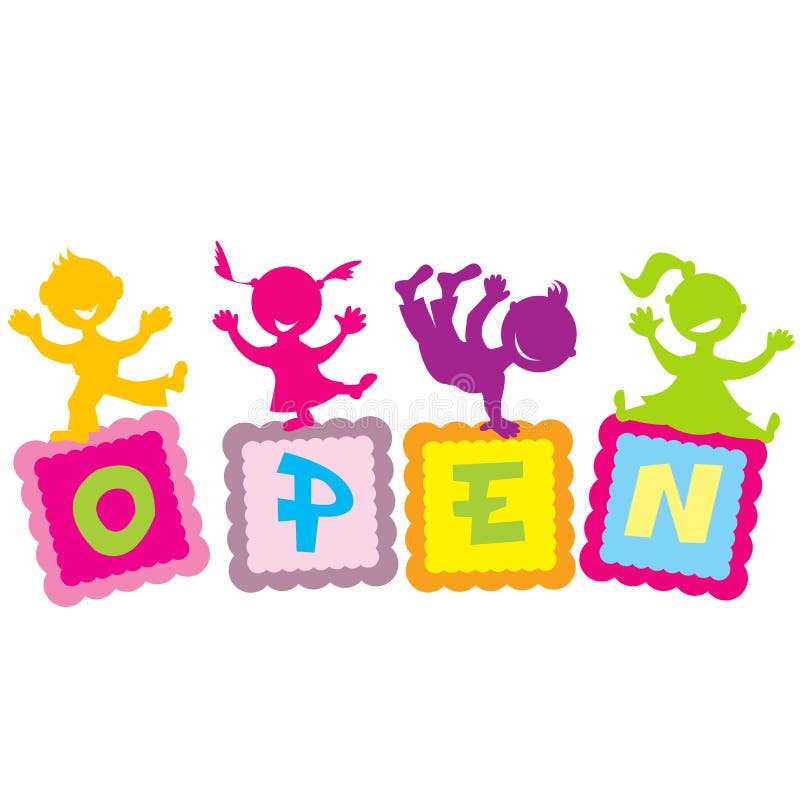 Open Sign with Cartoon Kids Stock Vector - Illustration of blackboard ...