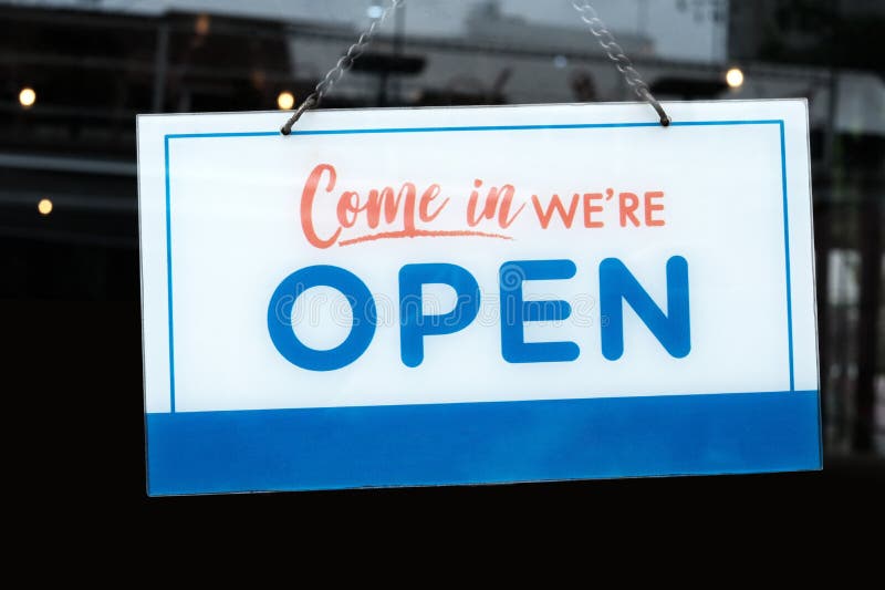 Open Sign in Front of a Cafe and Restaurant. Stock Image - Image of ...