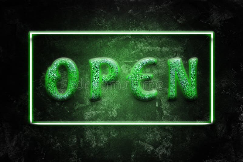 Open Sign Green Neon Light on Black Concrete Wall, 3D Illustration ...