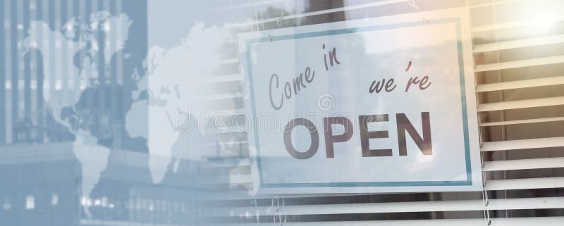 Open Sign Hanging Behind a Store Window; Panoramic Banner Stock Image ...