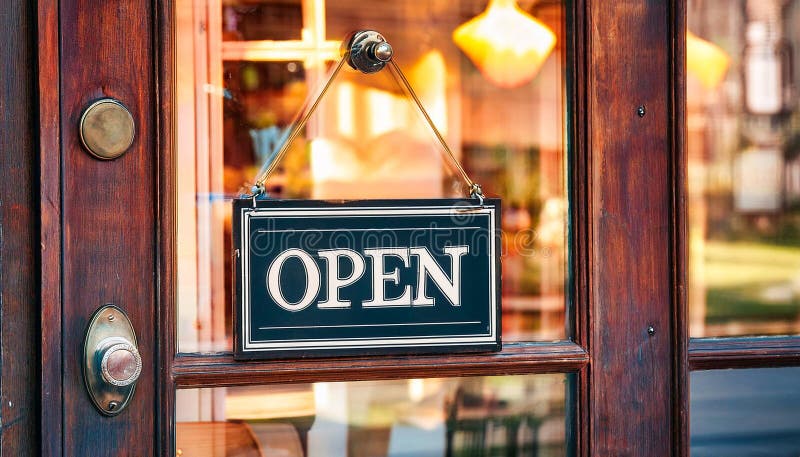 Open Sign Hanging in Front Door on Restaurant or Coffee at Entrance ...