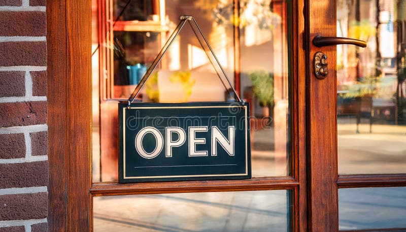 Open Sign Hanging in Front Door on Restaurant or Coffee at Entrance ...