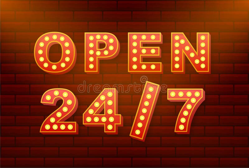 Open 247 Sign with Light Bulbs on a Brick Wall Background Stock ...