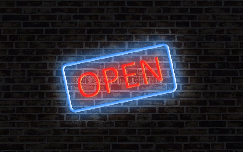 Open Sign Neon Lamp. Sparkles at Night on Brick Wall Stock Image ...