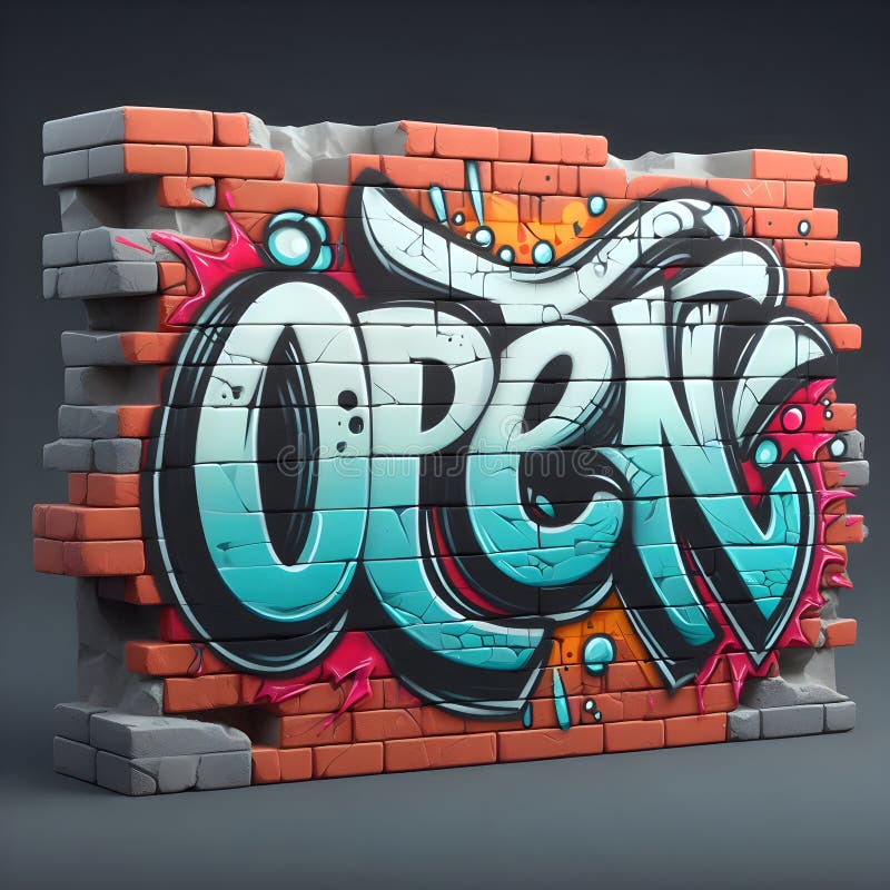 Open Sign Painted with Colorful Graffiti on Brick Wall Stock ...