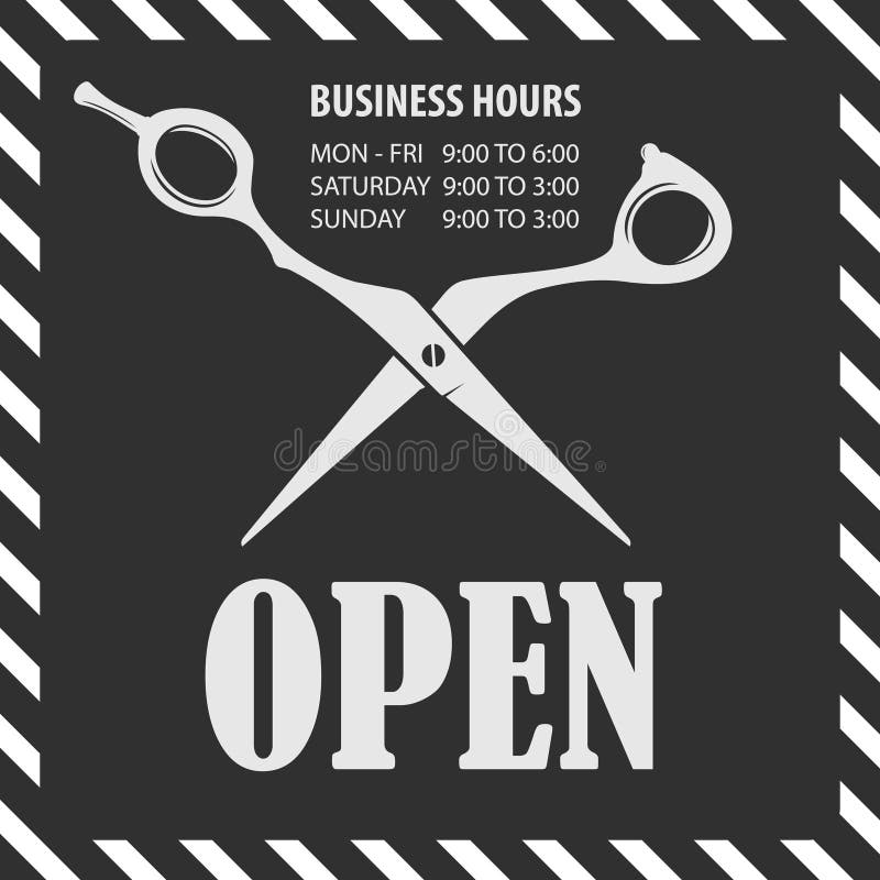 Open Sign with Hairdressing Scissors for Barber Shop. Vector ...