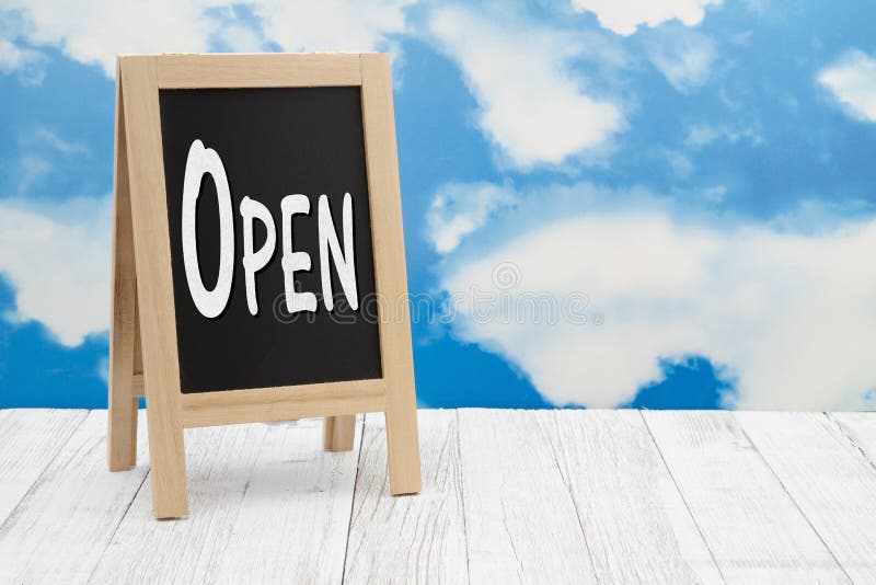 Open Sign on Standing Chalkboard with Sky Stock Photo - Image of open ...
