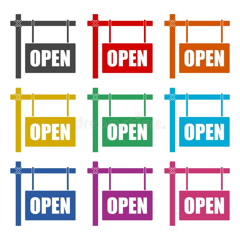Open Sign on Wood Board Icon or Logo, Color Set Stock Vector ...