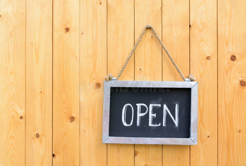 Open sign on wooden door stock image. Image of card, background - 49487405