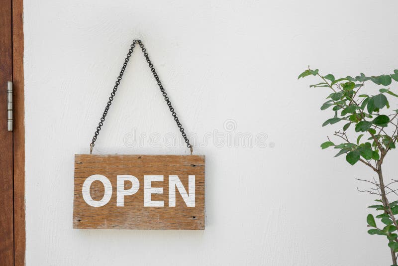 Open Sign on Wooden Planks Hanging on the White Wall Stock Image ...