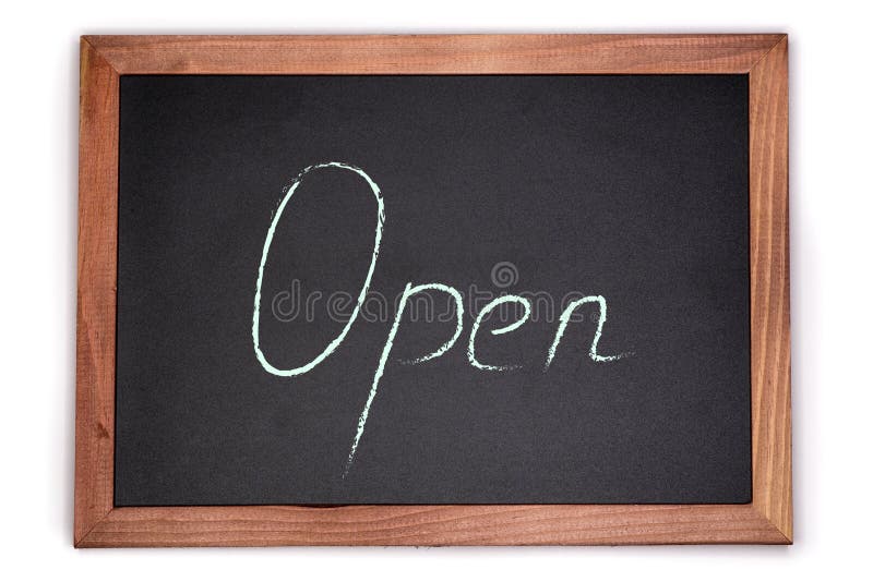 Open Sign Written on Chalk Board. Blackboard with Wooden Frame. Stock ...