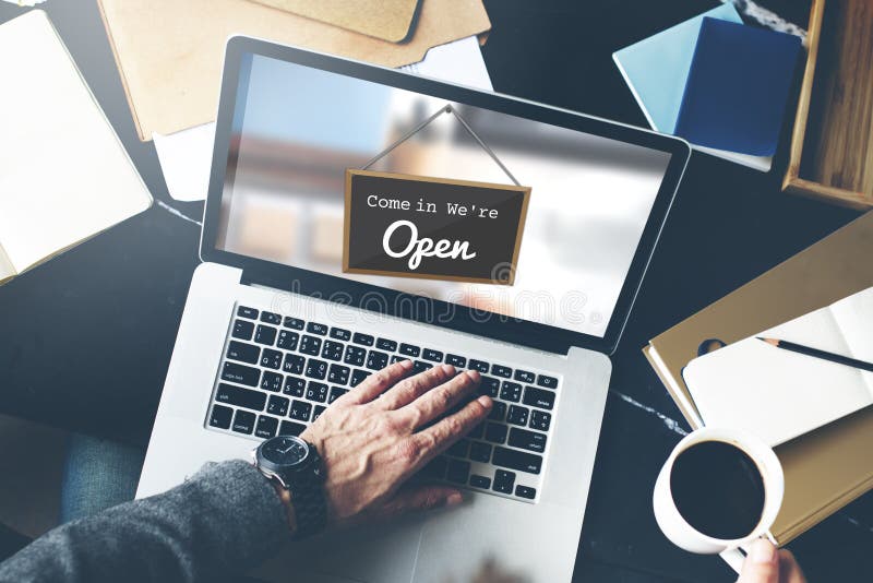 Open Signage Marketing Shop Concept Stock Photo - Image of laptop ...