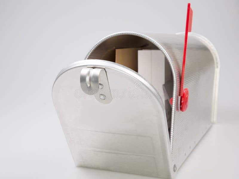 Open Silver Mail Box with Envelope on the Cover Grey Background Stock ...