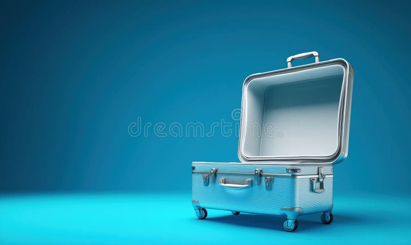 Open Silver Suitcase on Blue Background, Showcasing Spacious Interior ...
