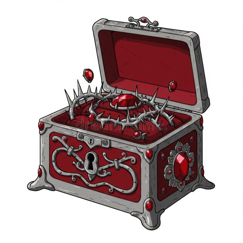 Open Silver Treasure Box with Red Ruby Crown and Thorns in Ornate Chest ...