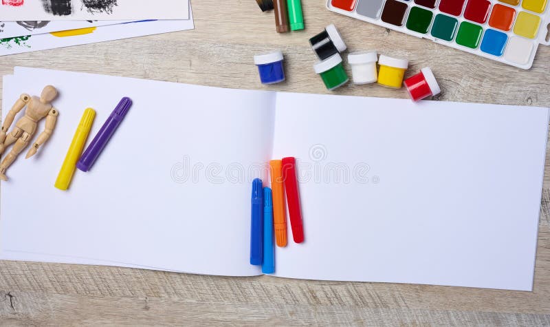 Open Sketchbook with Blank White Sheets and Acrylic Paints, Top View ...