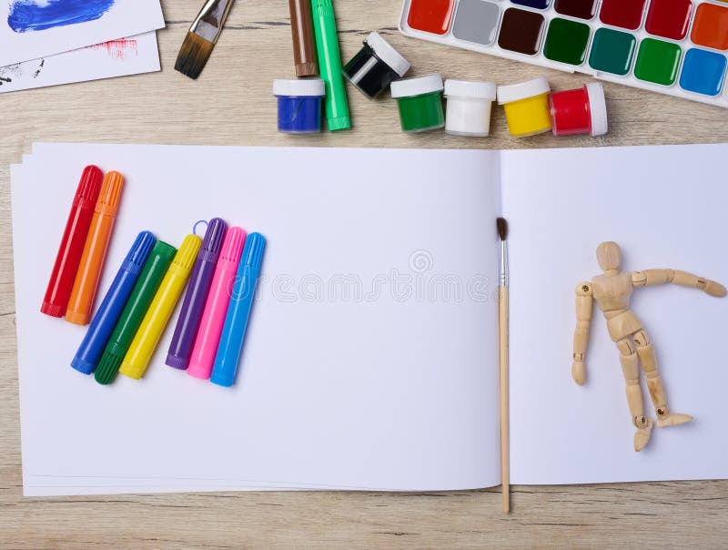 Open Sketchbook with Blank White Sheets and Acrylic Paints, Top View ...