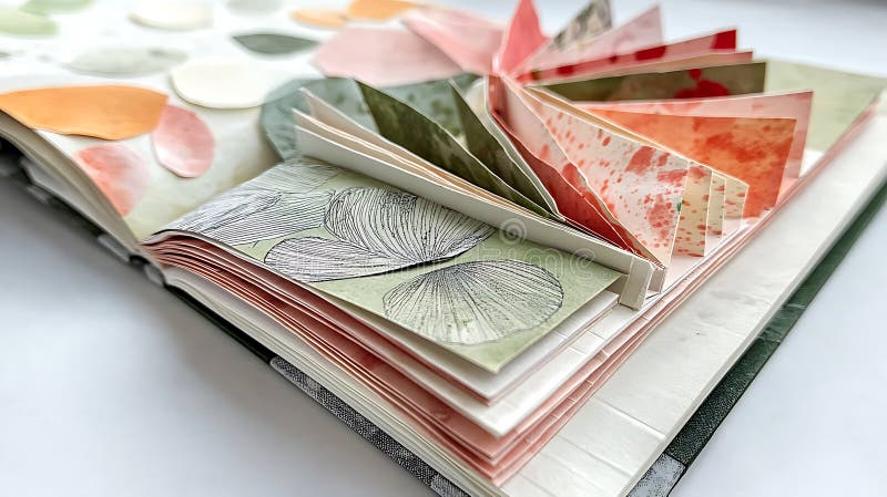 Open Sketchbook with Colorful Paper, Leaf and Floral Designs Stock ...