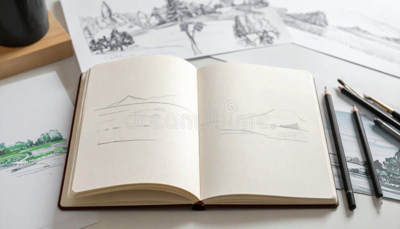 Open Sketchbook with Landscape Drawings and Pencils Stock Illustration ...