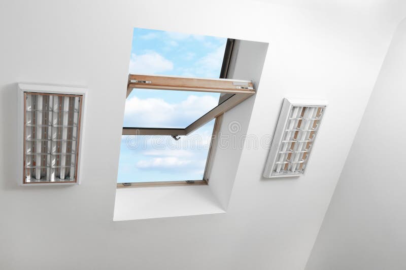 Open Skylight Roof Window on Slanted Ceiling in Attic Room, Bottom View ...