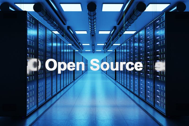 Open Source Logo in Large Modern Data Center with Multiple Rows of ...