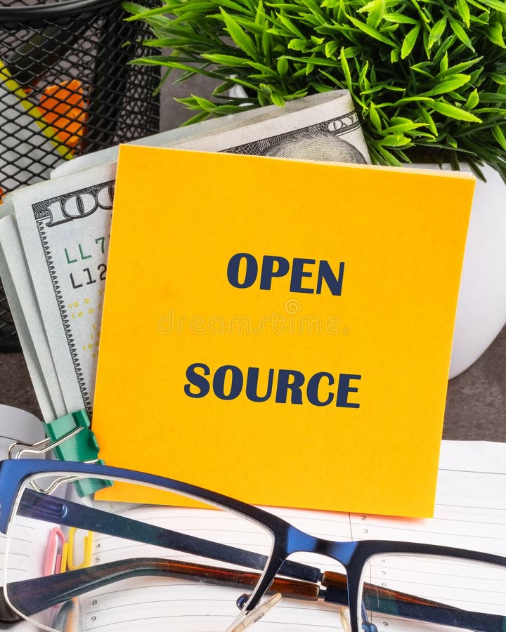 OPEN SOURCE Words Written on a Yellow Sticker, Front View. Conceptually ...