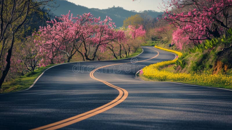 Open Space Above a Winding Road Bordered by Vibrant Spring Blossoms ...