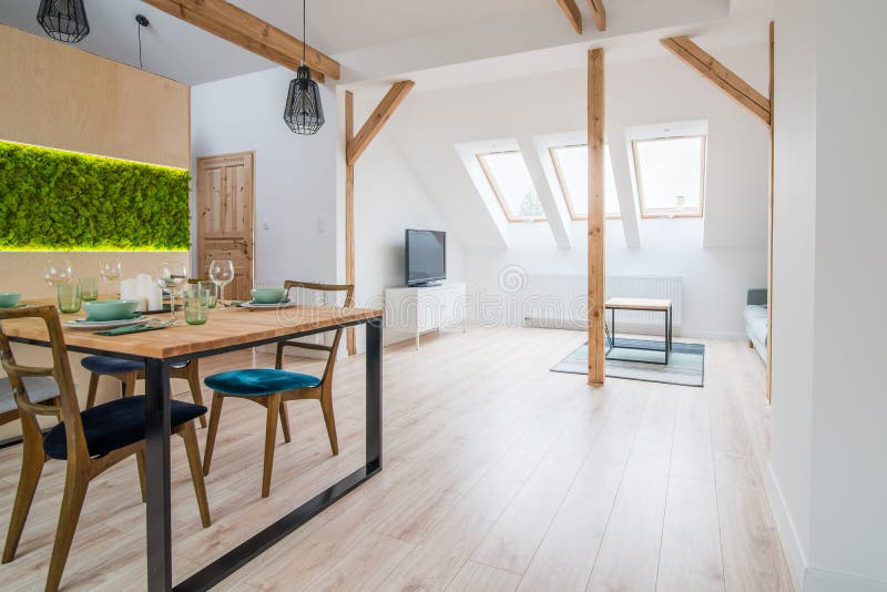 Open Space Apartment with Dining Table and Sofa. Stock Image - Image of ...