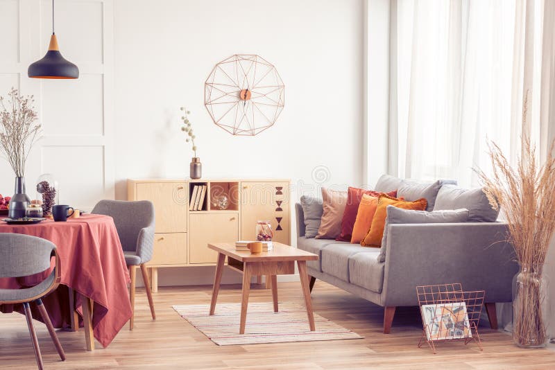 Open Space Dining and Living Area with Grey Scandinavian Sofa and Table ...