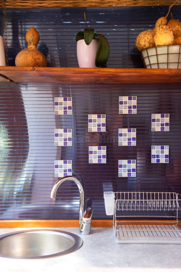Open Space Kitchen Interior. Sink and Shelves with Fruits Stock Photo ...
