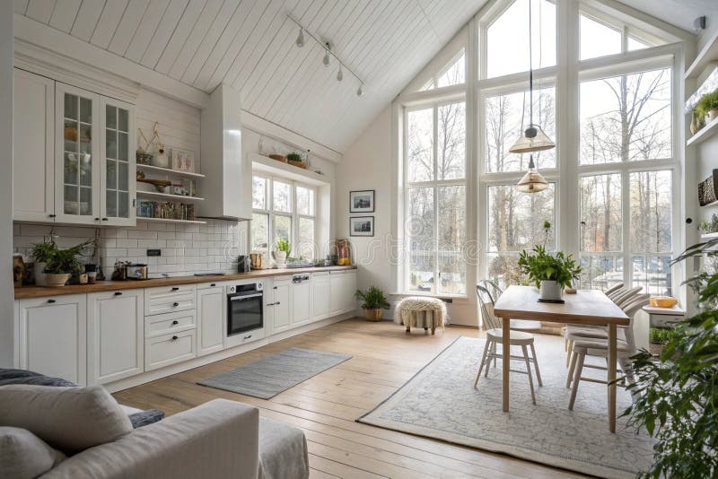 Open Space Kitchen Living Room Interior Mullions Wall Scandinavian ...