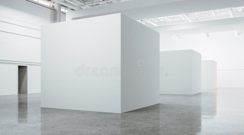 Open Space Large Gallery Interior with Blank White Boxes on Concrete ...