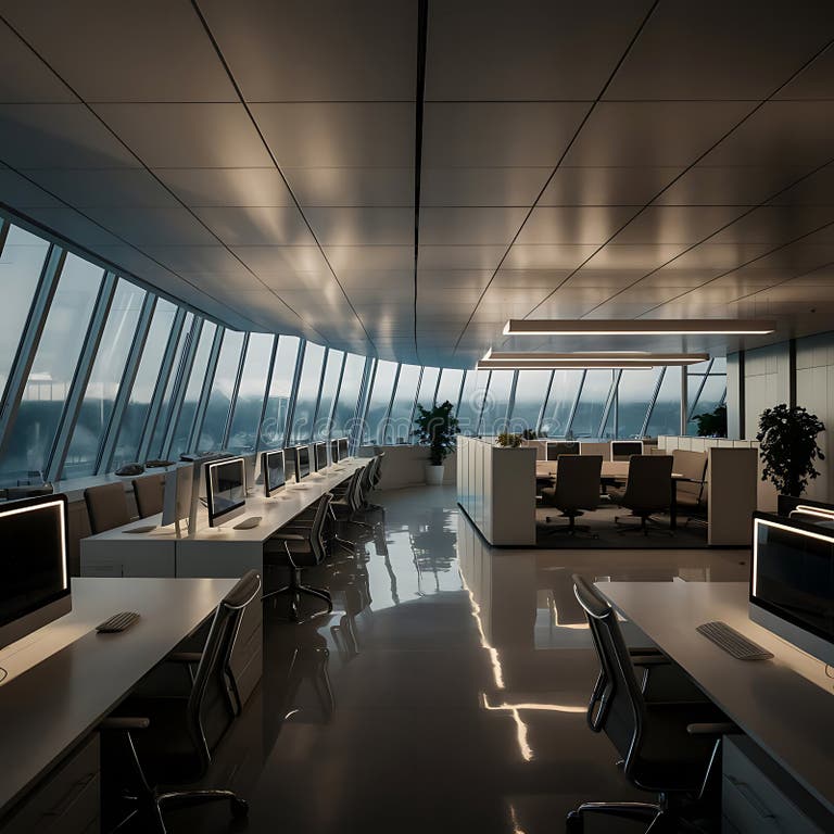 Open-space Modern Office, Multiple Computer Workstations, Ergonomic ...