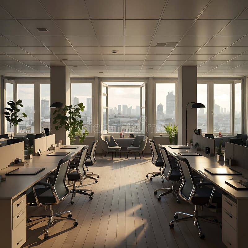 Open-space Modern Office, Multiple Computer Workstations, Ergonomic ...