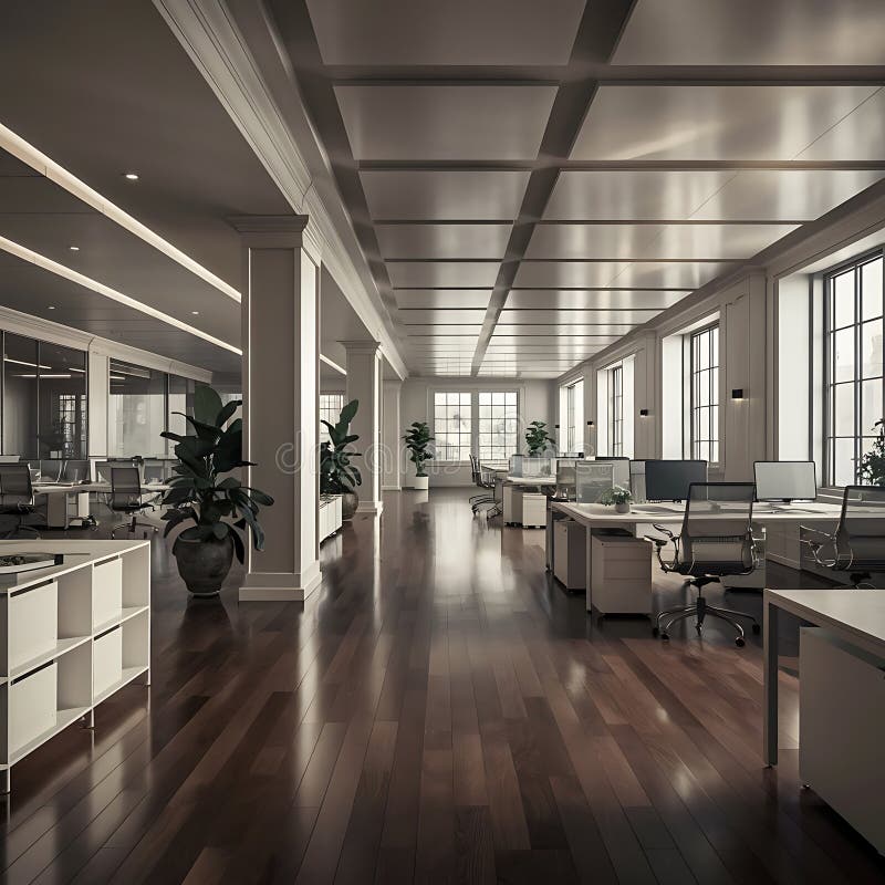 Open-space Modern Office, Multiple Computer Workstations, Ergonomic ...