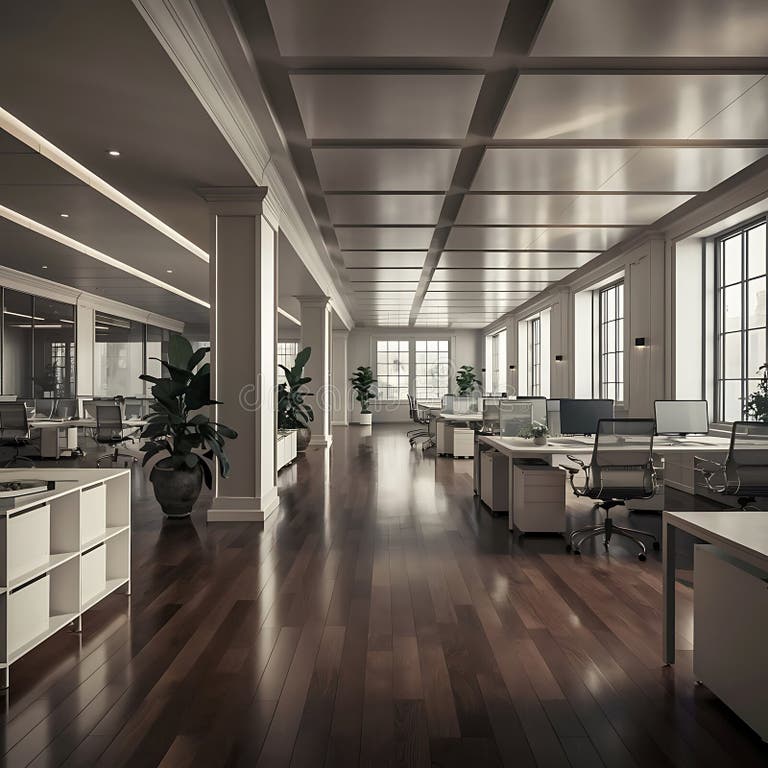 Open-space Modern Office, Multiple Computer Workstations, Ergonomic ...