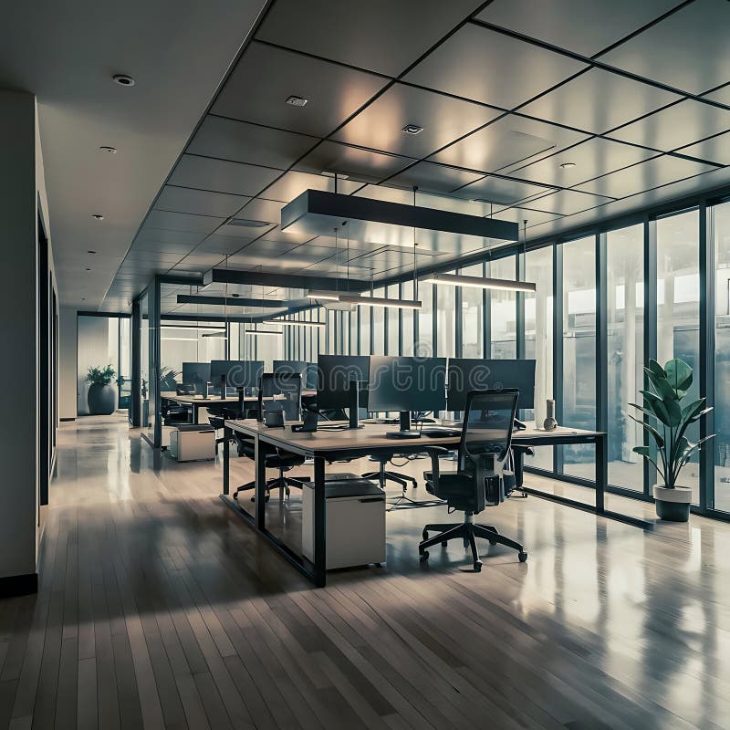 Open-space Modern Office, Multiple Computer Workstations, Ergonomic ...