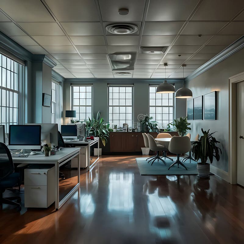 Open-space Modern Office, Multiple Computer Workstations, Ergonomic ...