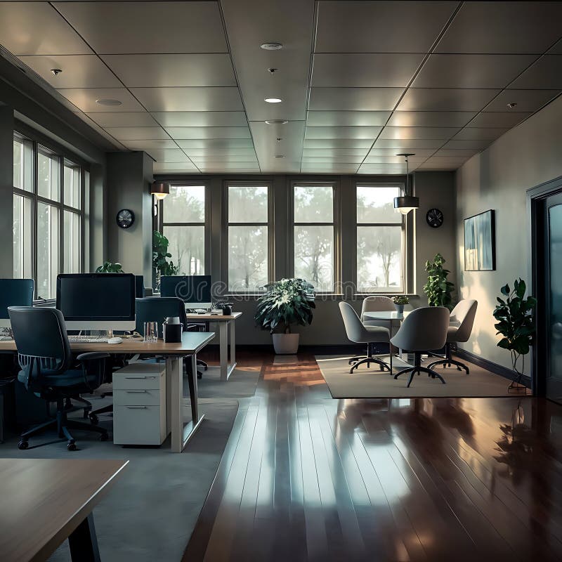 Open-space Modern Office, Multiple Computer Workstations, Ergonomic Chairs, Large Window with ...