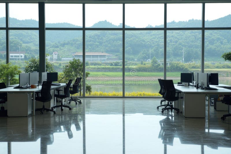 Open-space Office with Black Chairs, White Desks, and Computer Tables ...