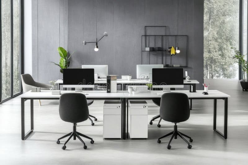 Open-space Office with Black and White Furniture, Computers on Tables ...