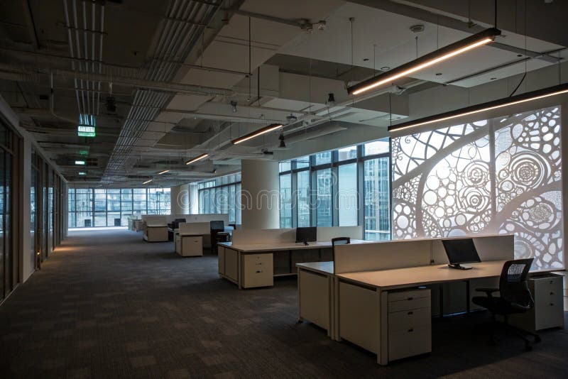 The Open Space Office is Empty and Dim with Abstract Light Effects ...