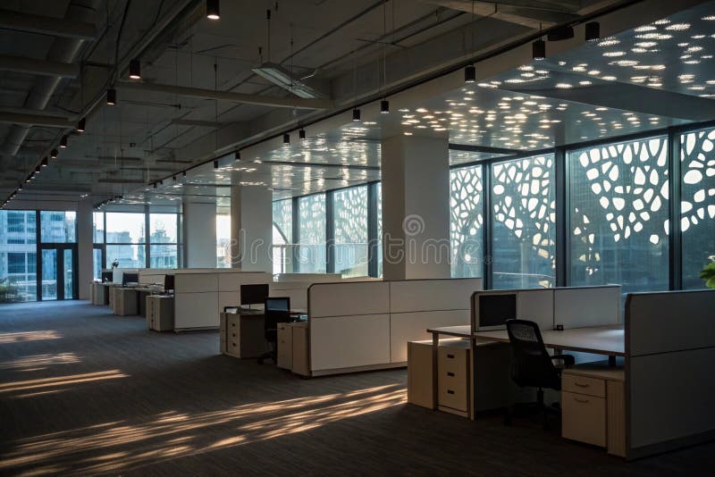 The Open Space Office is Empty and Dim with Abstract Light Effects ...