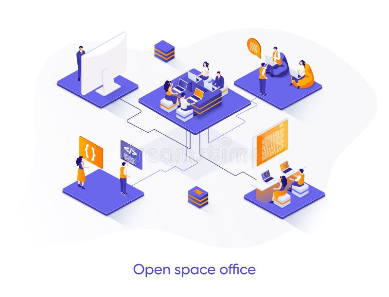 Open Space Office Isometric Web Banner. Collaboration at Coworking Open ...