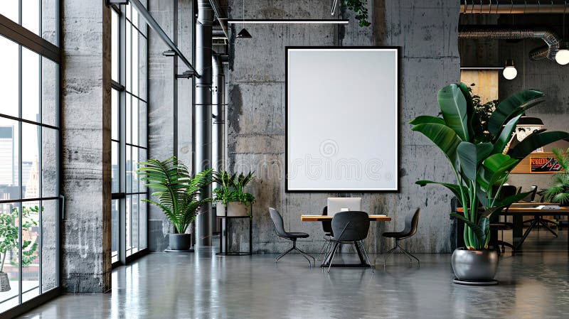 Open Space Office with Large Poster Frame on a Concrete Wall Stock ...