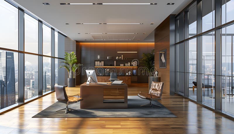 Open Space Office in Loft Style Hangar with Windows in Floor and City ...