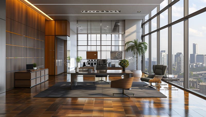 Open Space Office in Loft Style Hangar with Windows in Floor and City ...