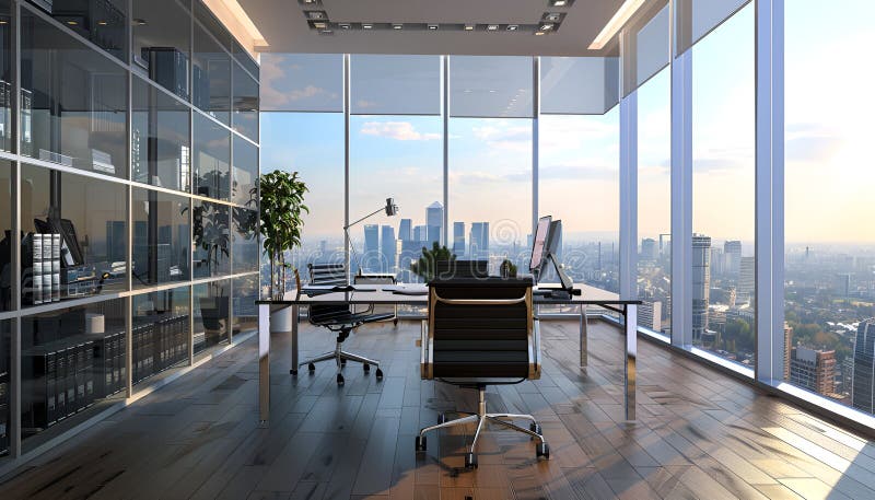 Open Space Office in Loft Style Hangar with Windows in Floor and City ...