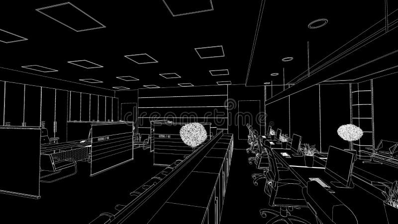 Open Space Office Perspective Draw on Black Background Sketch 3D ...